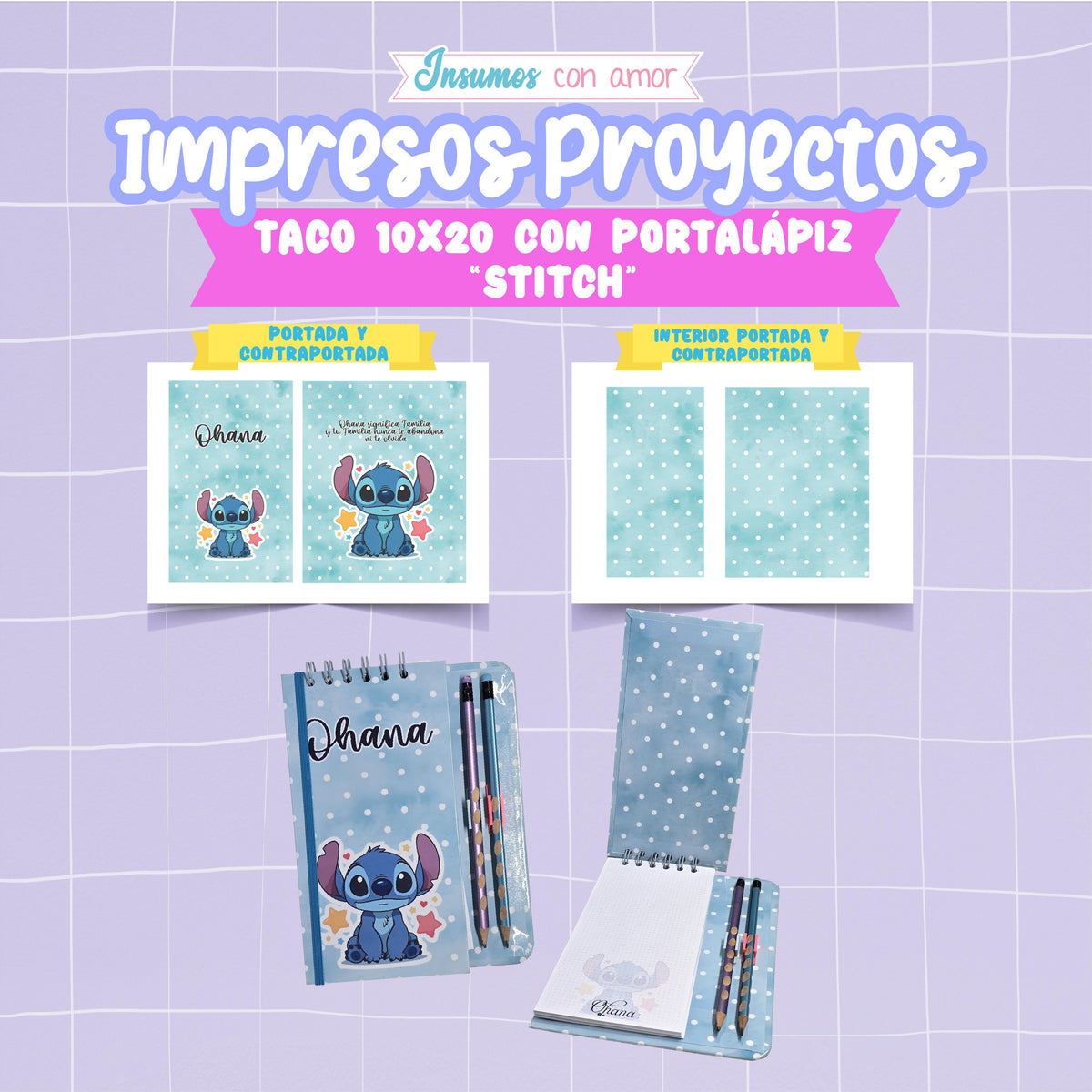 KIT IMPRESO PROYECTO STITCH TACO Y AGENDA – Insumos con Amor
